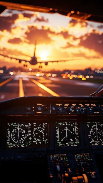 Cockpit View Of An Airplane Preparing For Takeoff Against A Stunning Sunset Backdrop Showcasing