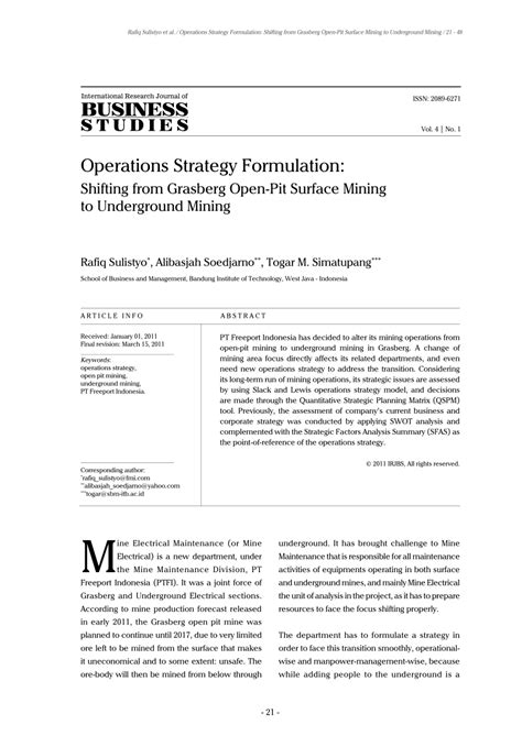 Pdf Operations Strategy Formulation Shifting From Grasberg Open Pit Surface Mining To
