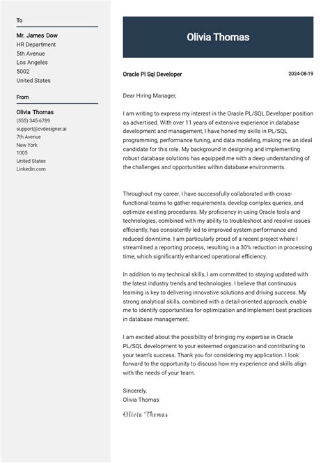 Oracle Pl Sql Developer Cover Letter Example For 2024 Download Templates Cvdesigner Ai