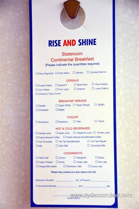 Carnival Cruise Room Service Menu With S