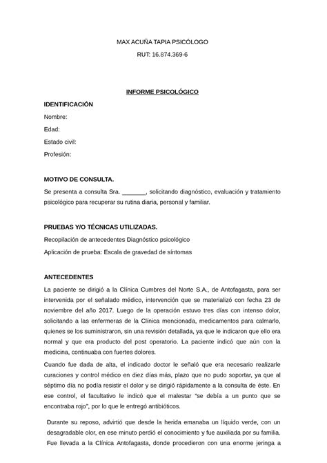 Modelo De Informe Psicologico Max AcuÑa Tapia PsicÓlogo Rut 16874