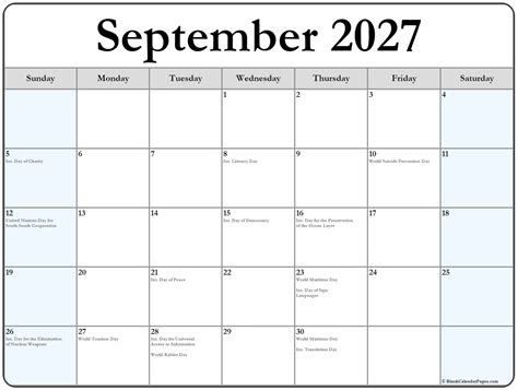 September 2027 With Holidays Calendar