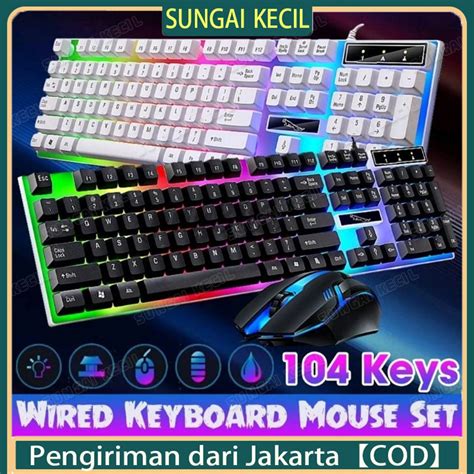 Jual Keyboard Kabel USB Gaming LED RGB Warna Warni 104 Tombol Paket Mouse Tanpa Kabel Wireless