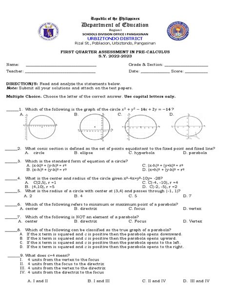 Pre Calculus 1st Quarter Test Questions Pdf Summation Mathematics