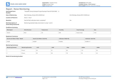 Noise Monitoring Report Template Free Sheet Sample Format
