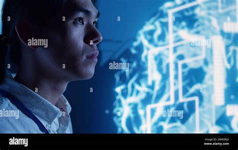 Close Up Of Admin Looking At Hologram Of Artificial Intelligence