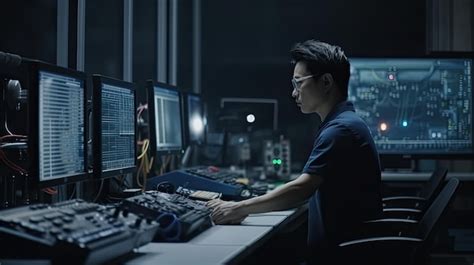 Premium AI Image A Man Sits At A Desk In A Dark Room With A Computer Screen Showing A Man