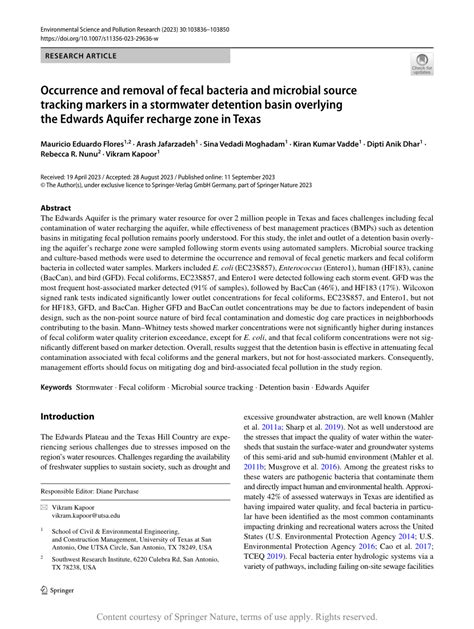 Occurrence And Removal Of Fecal Bacteria And Microbial Source Tracking Markers In A Stormwater