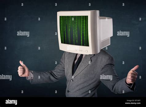 Cyber Human With A Monitor Screen And Computer Code On The Display