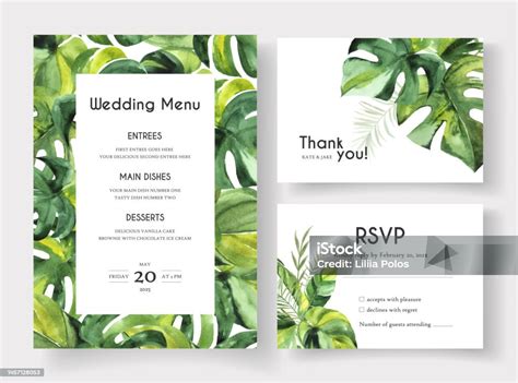 수채화 열대 잎과 웨딩 카드 세트 웨딩 메뉴 감사 및 Rsvp 템플릿 벡터 0명에 대한 스톡 벡터 아트 및 기타 이미지 0명 Rsvp 감사합니다 Istock