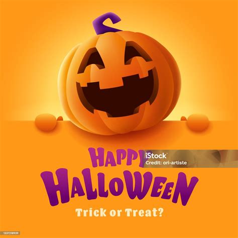 즐거운 할로윈 보내세요 오렌지 배경에 큰 인사말 간판 귀여운 잭 O 랜턴 오렌지 호박 캐릭터의 3d 그림 3차원 형태에 대한 스톡 벡터 아트 및 기타 이미지 Istock