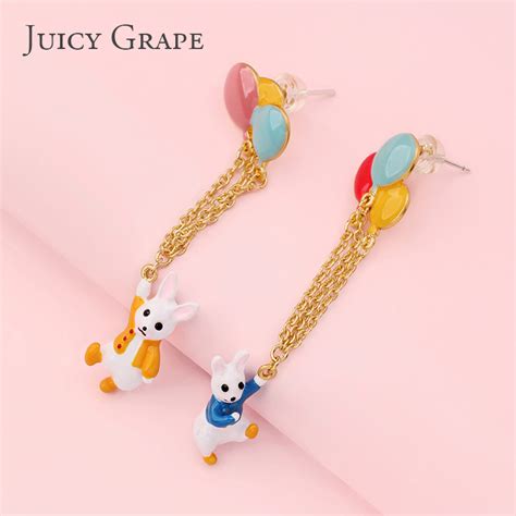 可爱兔子耳环女甜美流苏长款气球小白兔耳饰珐琅森系创意耳钉耳夹虎窝淘