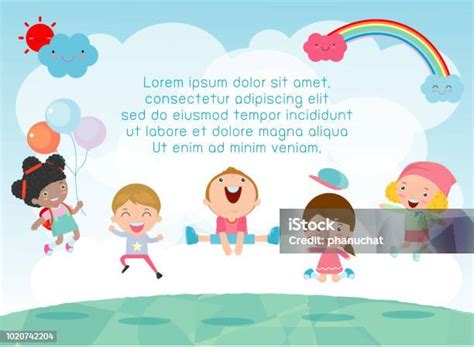 아이 들 놀이터에서 점프 기쁨 행복 한 만화 아이 아이에 배경 광고 안내 책자에 대 한 서식 파일 텍스트 아이 프레임 연주와 프레임 벡터 일러스트 레이 션 어린이 점프