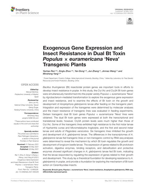 Pdf Exogenous Gene Expression And Insect Resistance In Dual Bt Toxin Populus × Euramericana