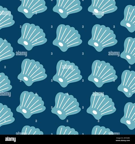 Hand Drawn Seamless Square Pattern With Blue Sea Shell Vector Ocean Themed Design Stock Vector