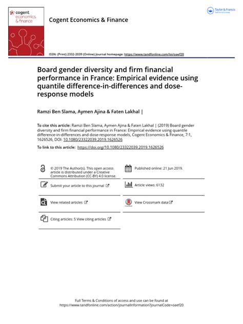 Board Gender Diversity And Firm Financial Performance In France Empirical Evidence Using