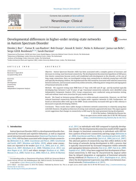 Pdf Developmental Differences In Higher Order Resting State Networks In Autism Spectrum Disorder