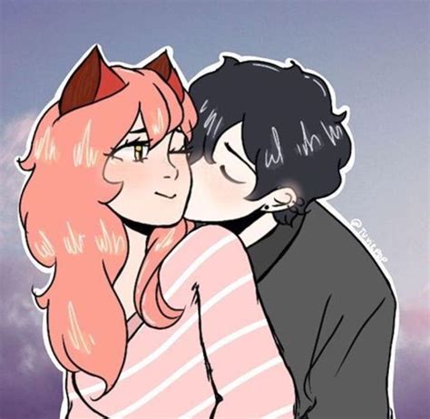 Two People That Are Kissing Each Other In Front Of A Sky With Clouds And Stars