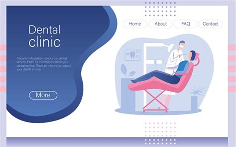 치과 또는 치열 교정 클리닉 웹 사이트 홈 페이지 레이아웃 웹 클리닉에서 의자 및 치과 의사와 환자와 플랫 벡터 스톡 일러스트 개념에 대한 스톡 벡터 아트 및 기타 이미지