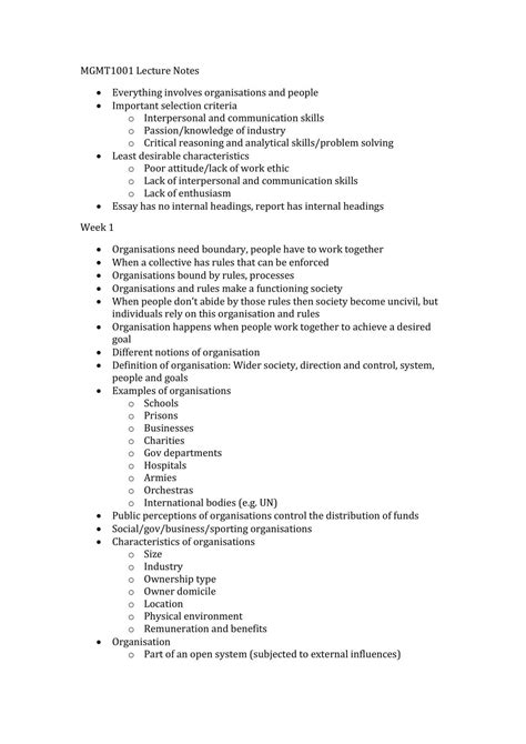 Mgmt Lecture Notes Mgmt1001 Managing Organisations And People