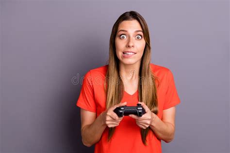Portrait Of Addicted Funky Girl Gamer Play Want Win Race Speed Game
