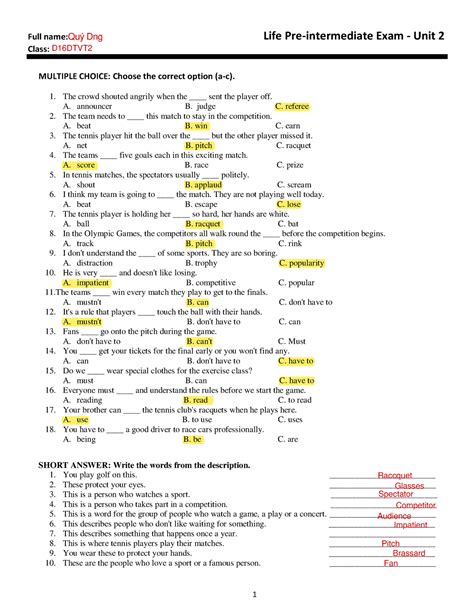 Unit 2 Lecture Notes 1 1 Full Name Life Pre Intermediate Exam