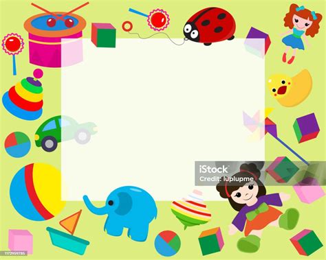 만화 스타일의 배너 벡터 일러스트에 화려한 장난감 수평 프레임 테두리 사진 사진 인증서를 위한 장소 인형 오리 코끼리 보트