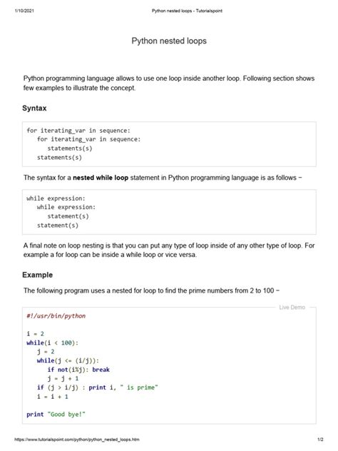 Python Nested Loops Tutorialspoint Pdf