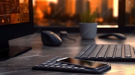 Fond Powerpoint Table De Bureau Présentant Le Rendu 3d Dun Téléphone Mobile Fusionné Avec Un