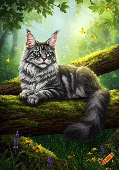 A Majestic Silver Tabby Maine Coon Cat With Bright Green Eyes Rests On