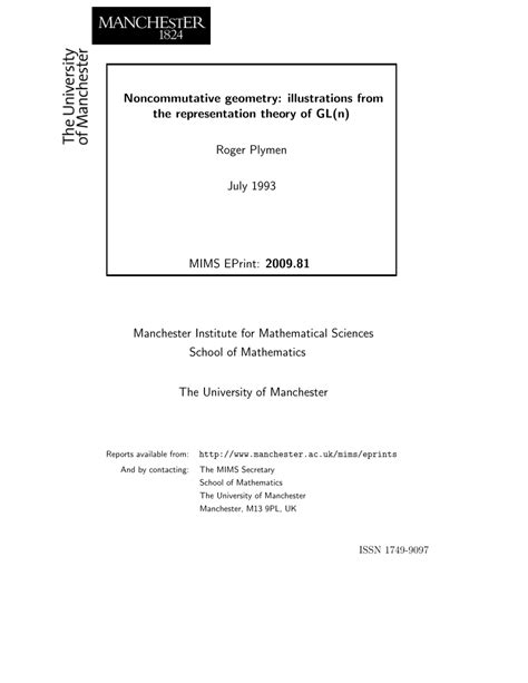 Pdf Noncommutative Geometry Illustrations From The Representation Theory Of Gl N