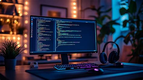 Computer Monitor With Code On The Screen A Keyboard A Mouse And A