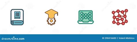 Set Artificial Intelligence AI Graduation Cap Neural Network And Icon