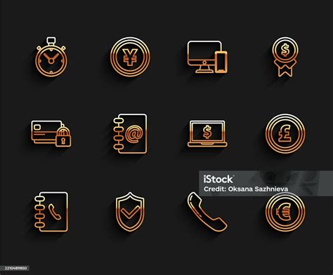 세트 라인 주소록 체크 표시가있는 방패 스톱워치 전화 핸드셋 동전 돈 유로 기호 파운드 스털링 및 노트북 달러 아이콘 벡터 검은색에 대한 스톡 벡터 아트 및 기타 이미지