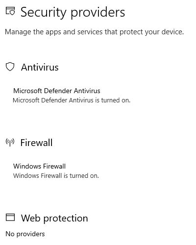 Windows Security And Security Providers Web Protection No Providers R Windows10