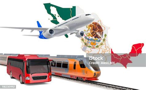 버스 기차 비행기 개념에 의해 멕시코에서 여객 수송 흰색 배경에서 격리된 3d 렌더링 3차원 형태에 대한 스톡 사진 및 기타