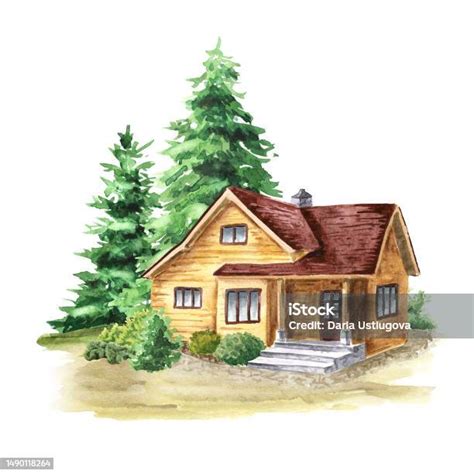 숲 숲 근처의 아늑한 시골 오두막 손으로 그린 수채화 그림 흰색 배경에 격리 0명에 대한 스톡 벡터 아트 및 기타 이미지 0명 강 건물 외관 Istock
