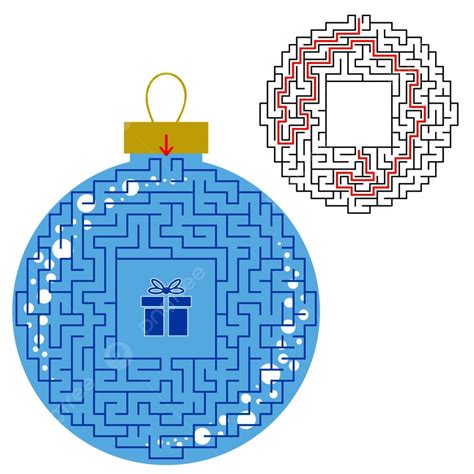 어린이를위한 미로 크리스마스 장난감 게임 어린이를위한 퍼즐 선물 미로 수수께끼 평면 벡터 일러스트 레이 션 답변 흰색 배경에 고립의 경로 찾기 어린이를위한 퍼즐 미로 색상