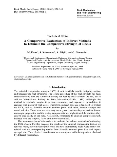 A Comparative Evaluation Of Indirect Methods To Estimate The Compressive Strength Of Rocks Pdf