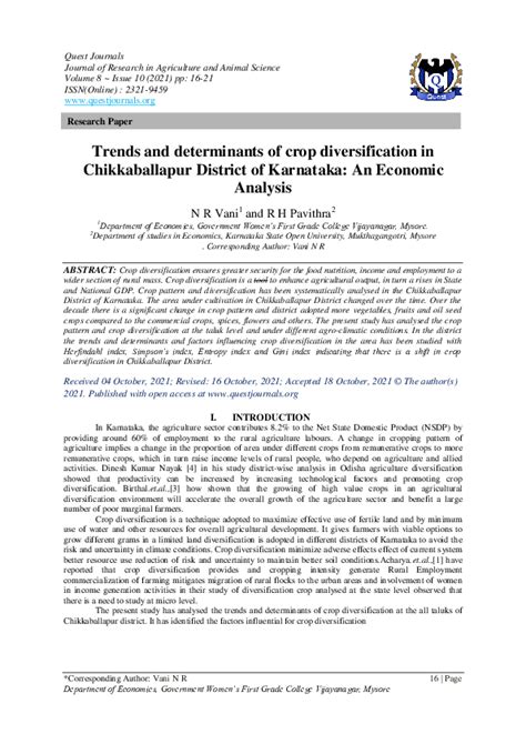 Pdf Trends And Determinants Of Crop Diversification In Chikkaballapur District Of Karnataka