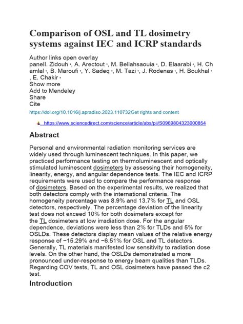 Comparison Of Osl And Tl Dosimetry Systems Against Iec And Icrp Standards Pdf Dosimetry
