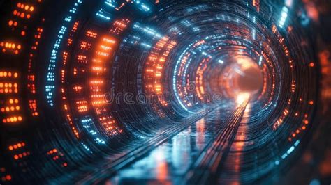 futuristic tunnel with glowing red and blue binary data flowing along