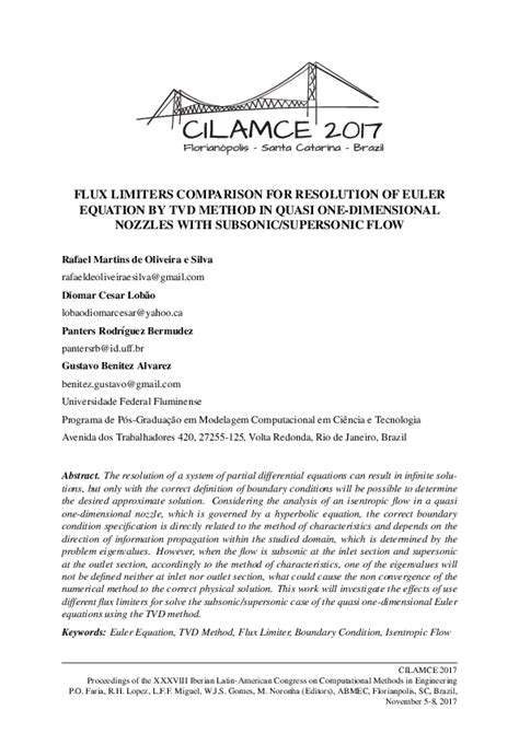 Pdf Flux Limiters Comparison For Resolution Of Euler Equation By Tvd