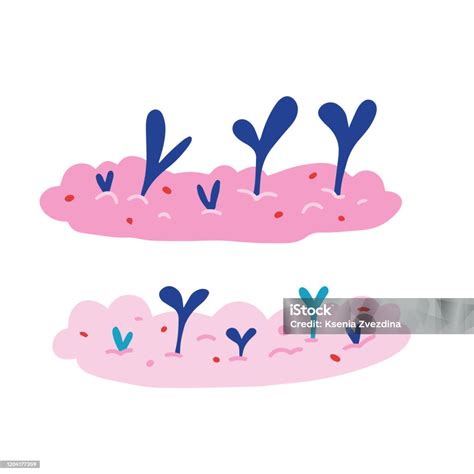 땅에서 자라는 묘목 정원 침대에 심은 작은 콩나물 작은 식물은 스프린트 타임 원예 및 농업의 상징 손으로 그린 평면 만화 일러스트 레이션 간단한 벡터에서 토양에서 성장 야채