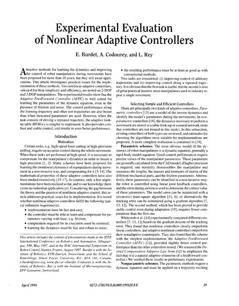 Pdf Experimental Evaluation Of Nonlinear Adaptive Controllers