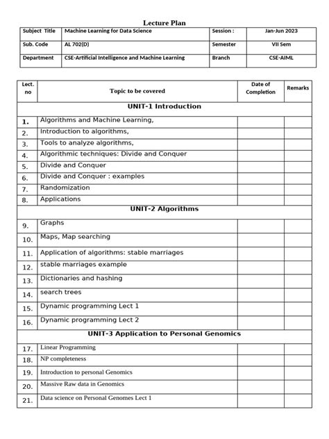 Machine Learning For Data Science Lecture Plan Pdf