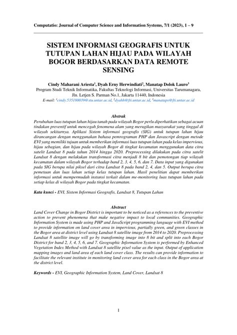 PDF SISTEM INFORMASI GEOGRAFIS UNTUK TUTUPAN LAHAN HIJAU PADA WILAYAH BOGOR BERDASARKAN DATA