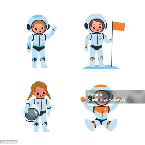 어린이 우주 비행사 우주복을 입은 만화 소년과 소녀 아이들은 공간을 탐험합니다 인사말 제스처와 귀여운 문자 깃발과 헬멧을 들고 행복한 젊은이 벡터 우주 비행사 세트 아이에