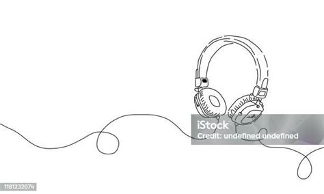 헤드폰 스피커 장치 가젯 연속 라인 아트 디자인의 양식에 일치시키는 간단한 한 줄 그리기 흰색 배경에 격리 노래와 재생 목록을