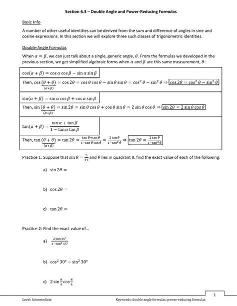 63 Double Angle And Power Reducing Formulas Section 6 Double